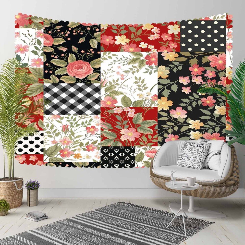 Else Black White Red Geometric Flowers Floral Retr... – Grandado