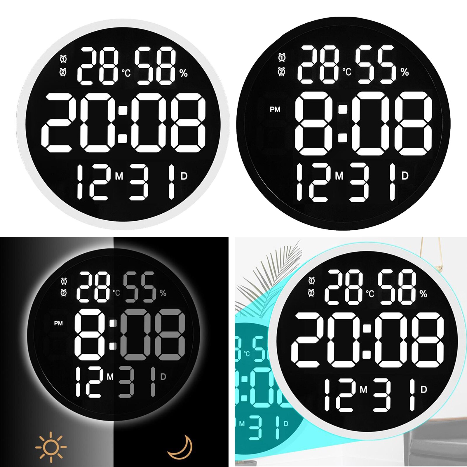 12'' Large LED Wall Clock Temperature Humidity Tim... – Vicedeal