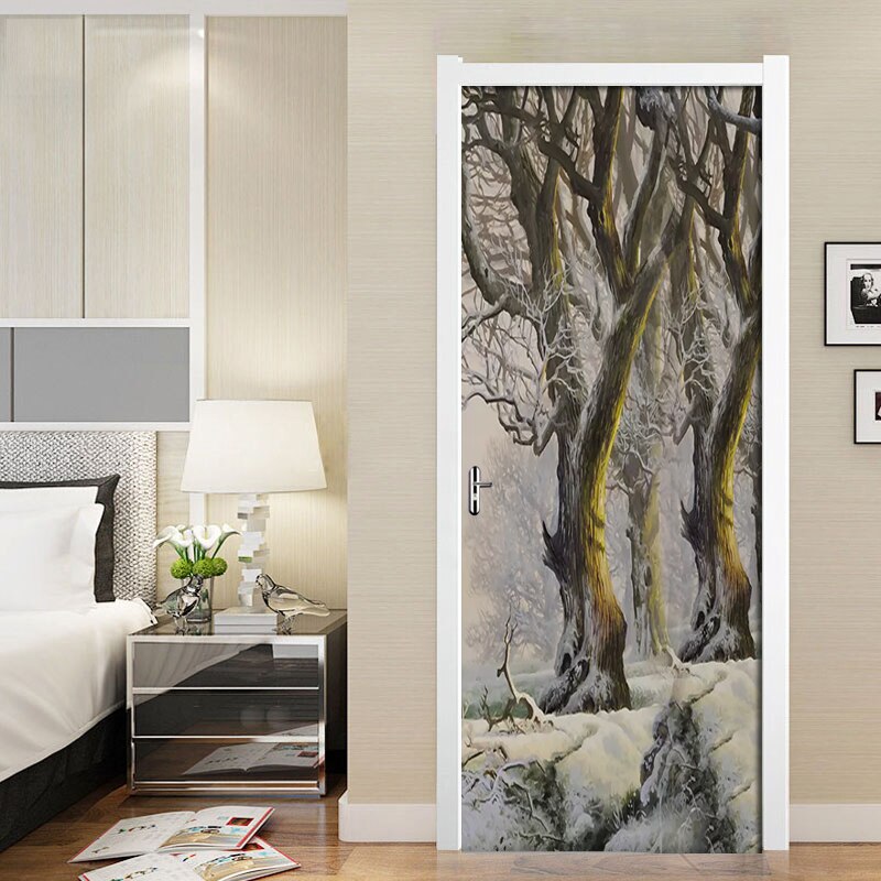 Door Stickers Beautiful Snow Forest Big Tree Water... – Grandado