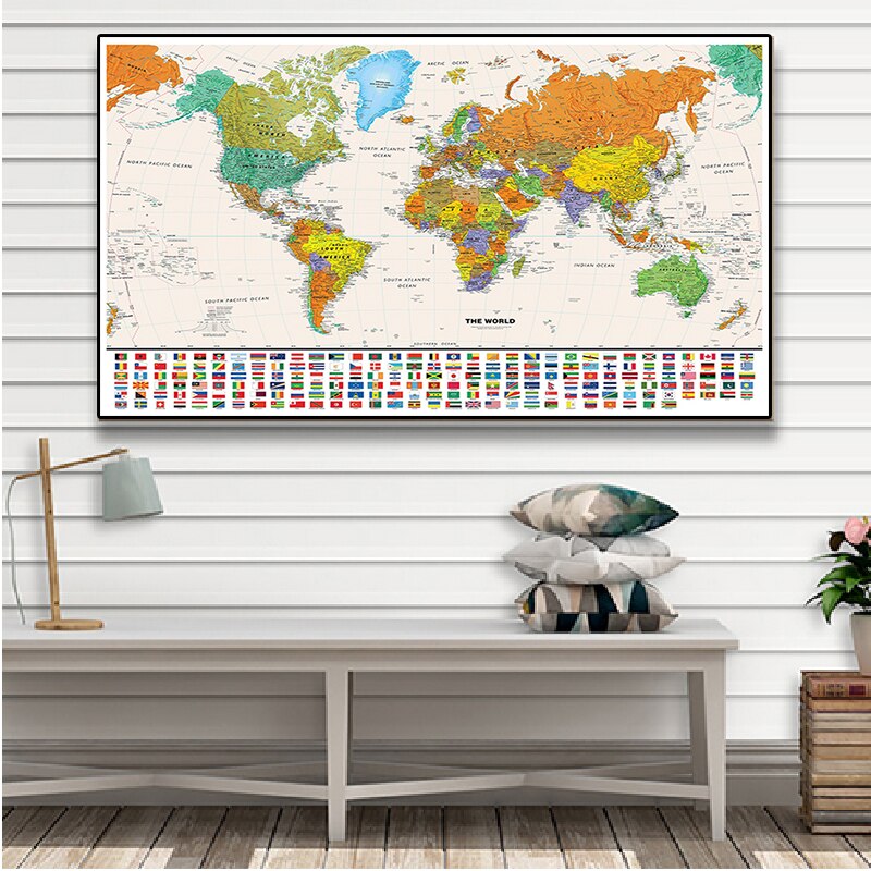 225*150cm The World Physical Map with National Fla... – Grandado