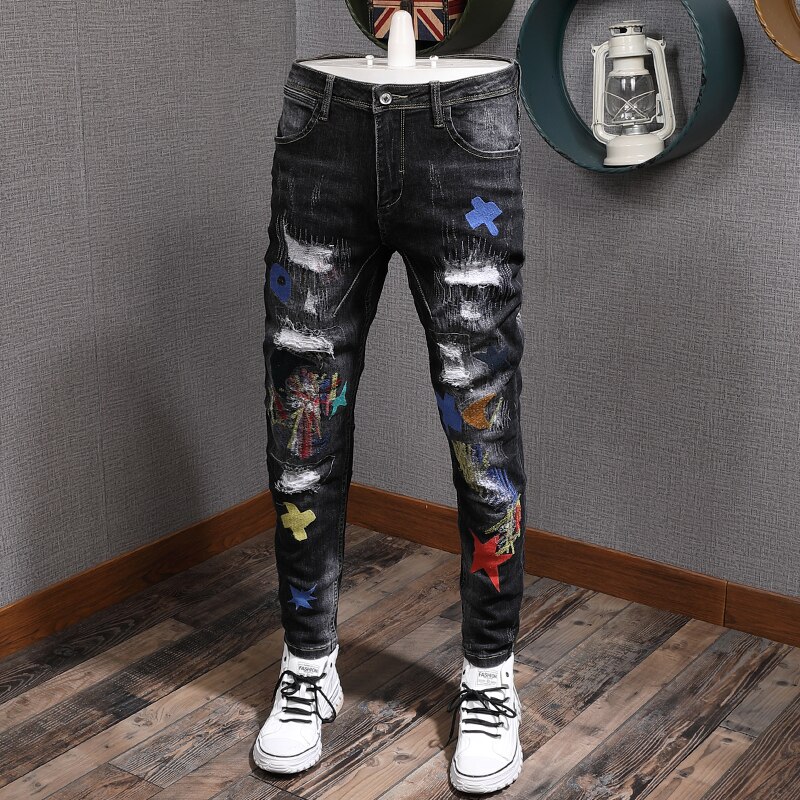 Streetwear Men Jeans Slim Fit Patches Ripped Jeans... – Grandado