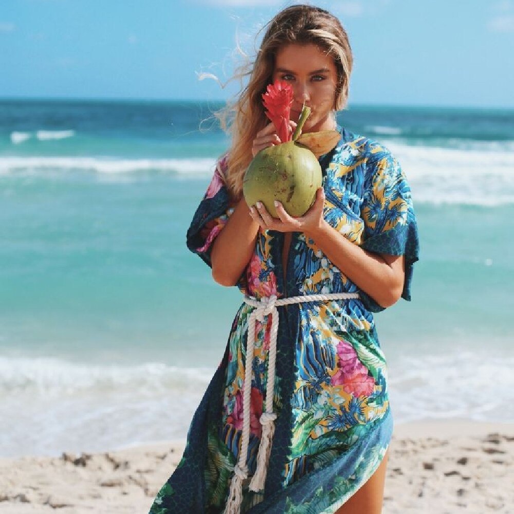 Boho Bohemian Print Blue Summer Beach Wear Long Ki... – Vicedeal