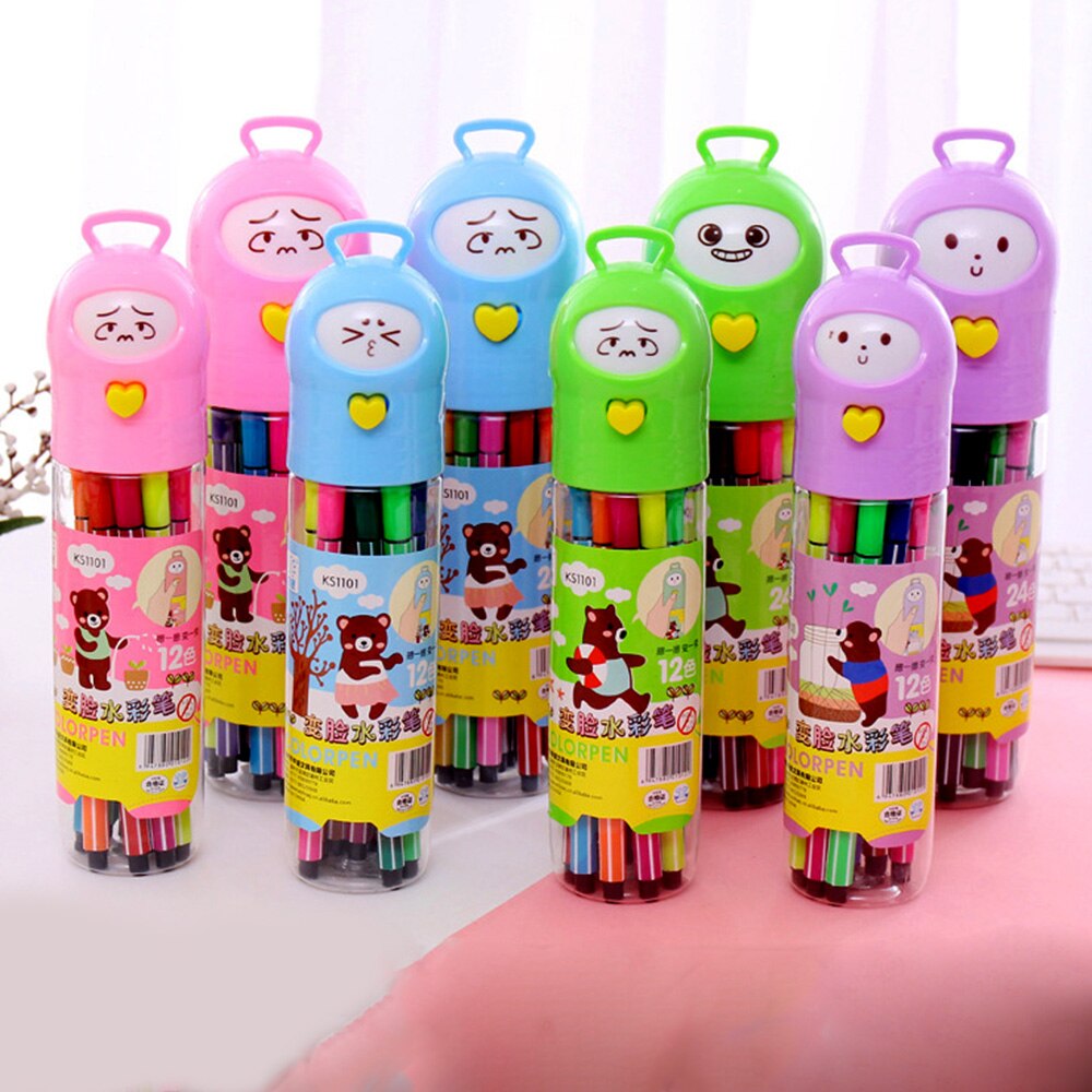 Cartoon face watercolor pen 12/24 color set art ma... – Grandado