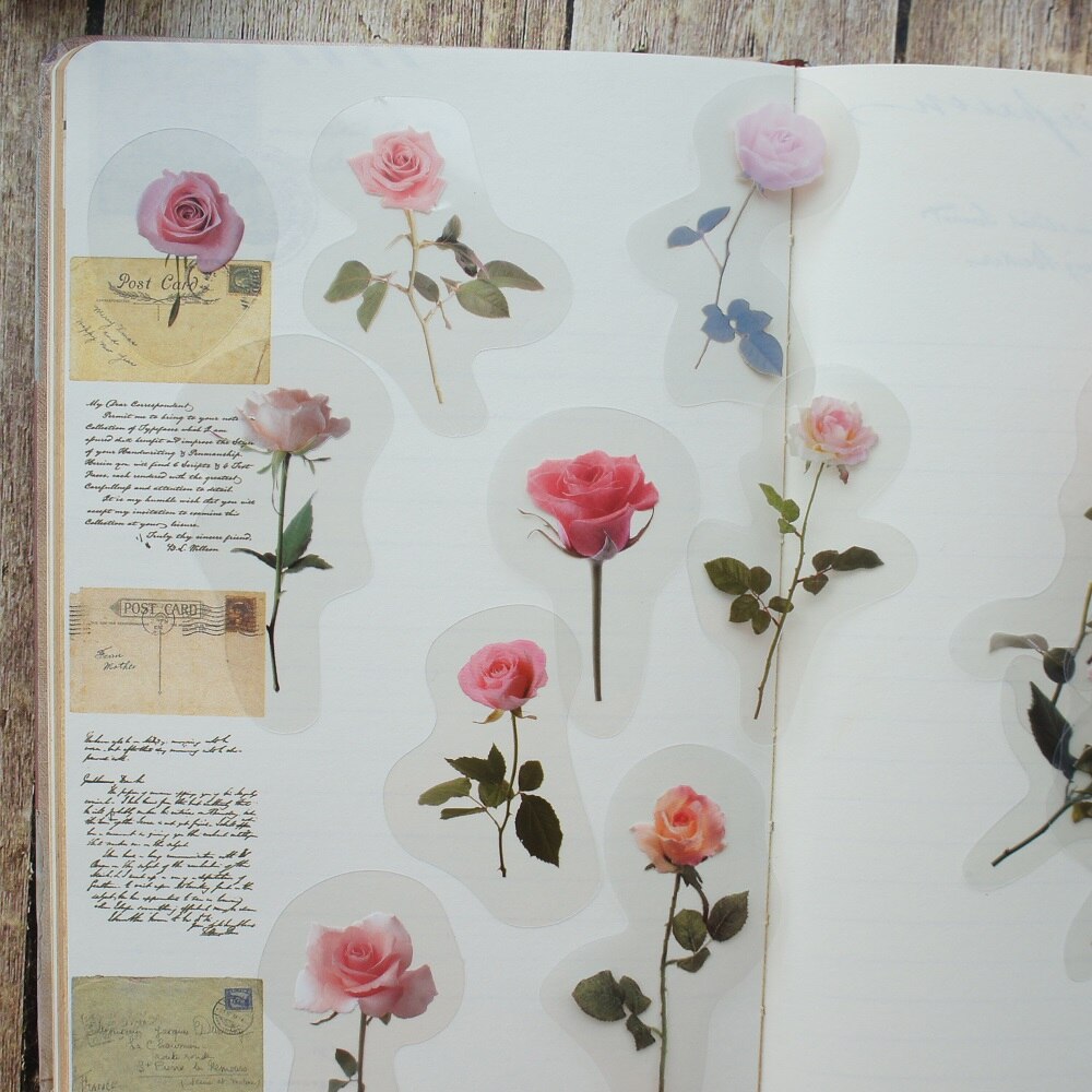 38pcs MIX Size Pink Monthly Rose Style PVC Sticker... – Grandado