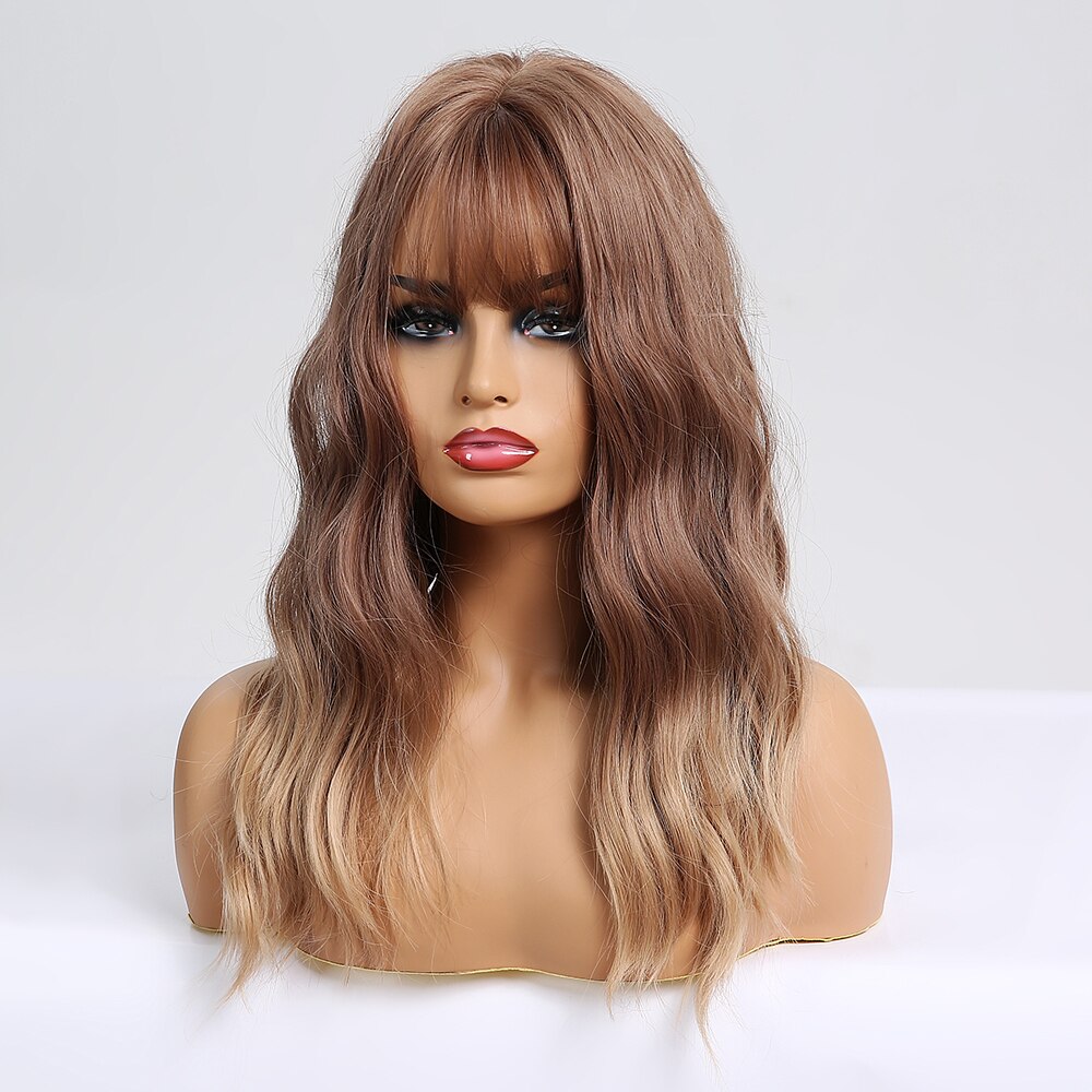 Long Wavy Synthetic Wigs With Bangs Ombre Brown Wi... – Vicedeal