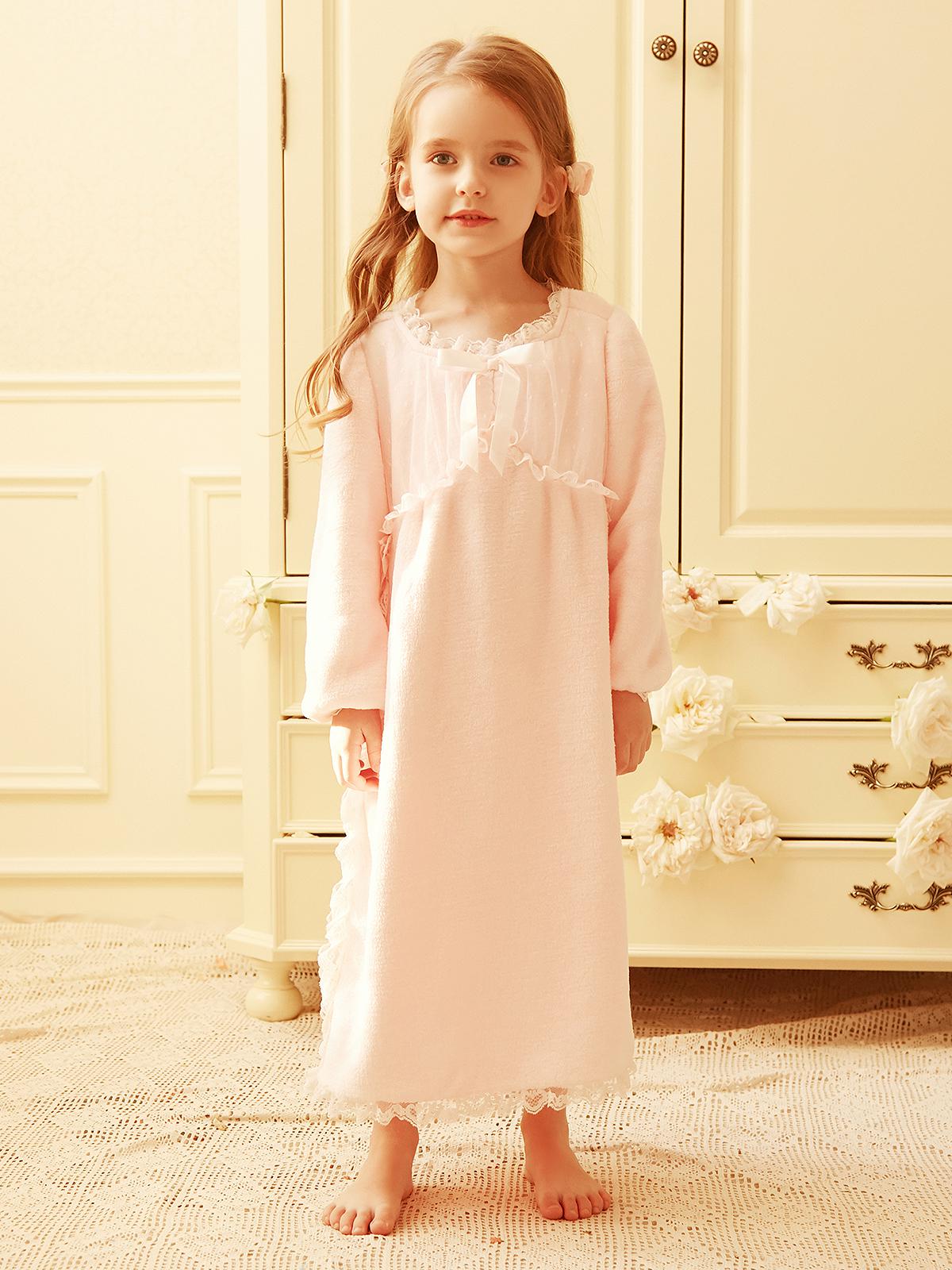 Winter Girls Flannel Nightgown Long Sleeve Lace He... – Grandado