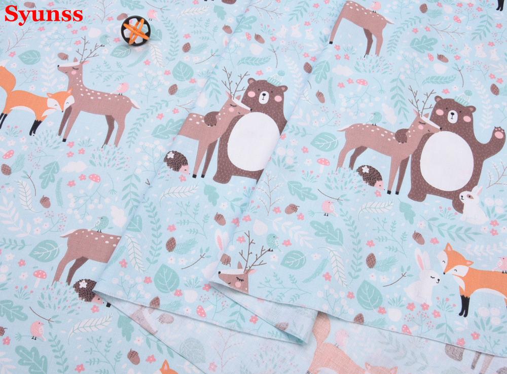 Twill Cotton fabric Blue Bear fox deer Printed Clo... – Grandado