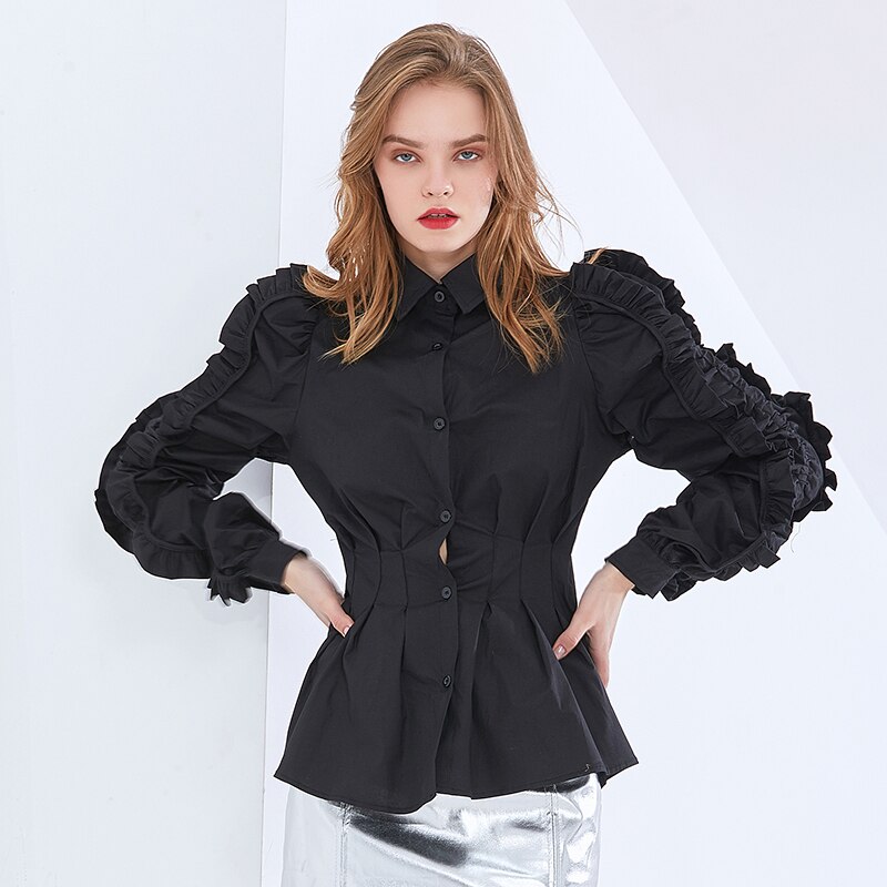 VGH White Ruched Shirt For Women Lapel Long Sleeve... – Grandado