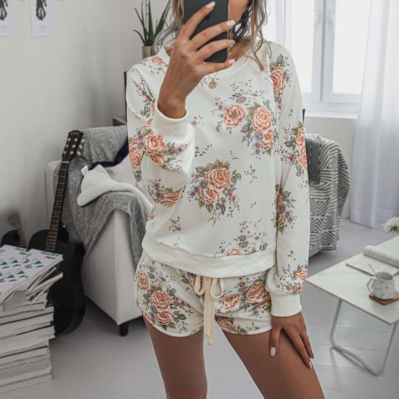 Autumn Floral Print Lounge Wear Women Shorts Pajam... – Grandado