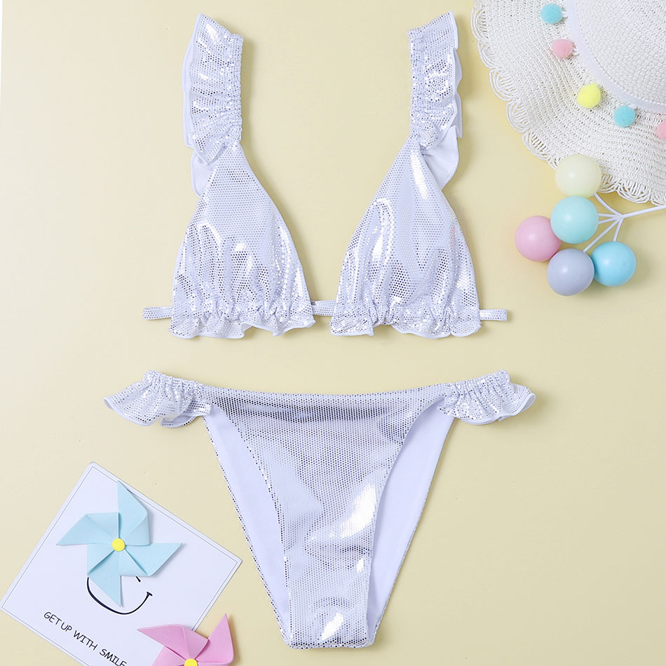 Girls Metallic Ruffle Trim Triangle Bikini Set Sex... – Grandado