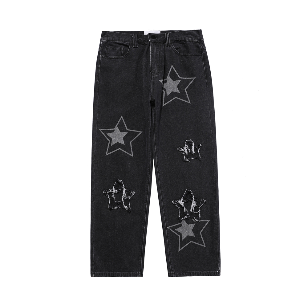 Jeans Men Star Patch Print Solid Denim Pants Men A... – Grandado