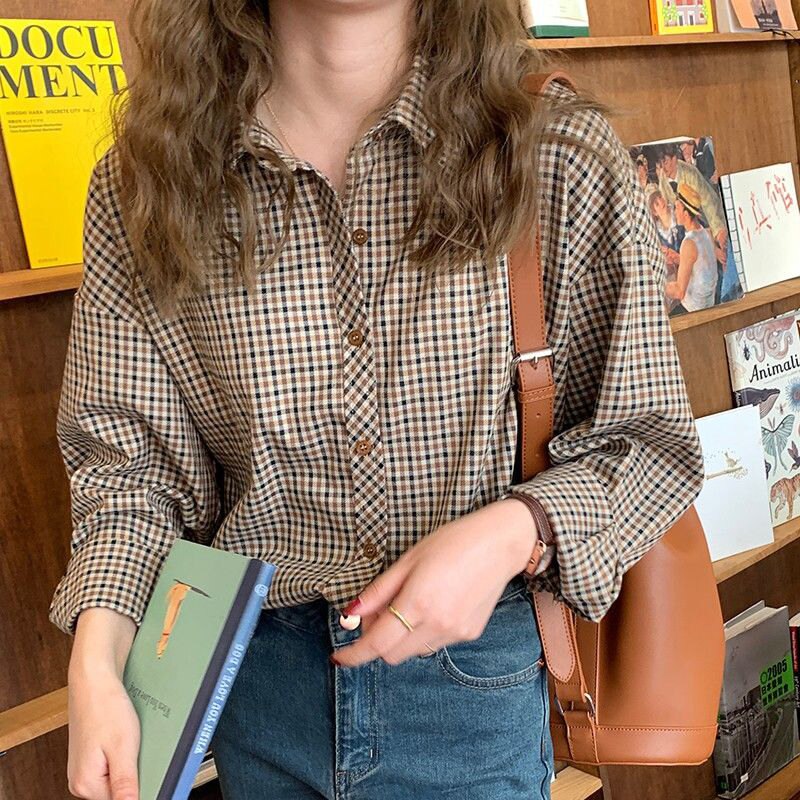 Aelegantmis Korean Style Casual Loose Plaid Shirt ... – Vicedeal