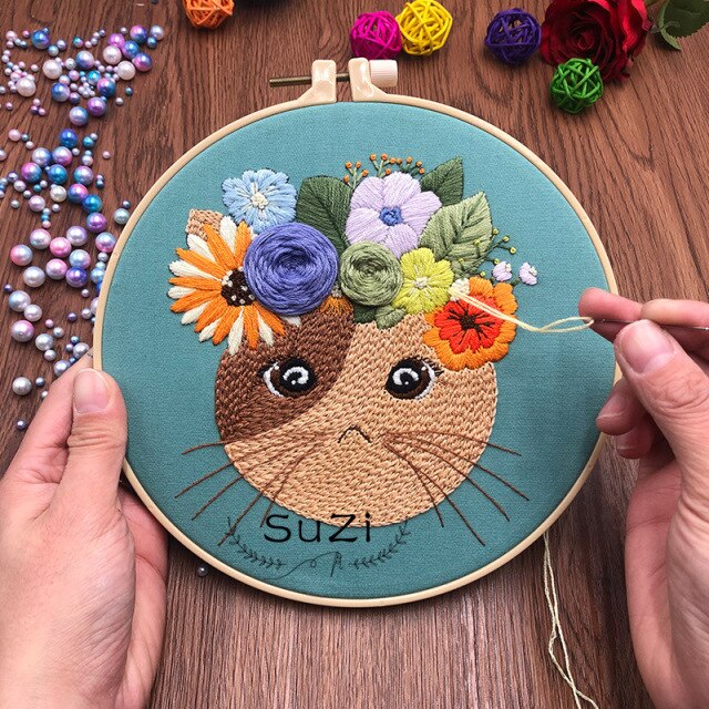 Women Cartoon Cute Flower Cat Kitty Needlework Emb... – Grandado