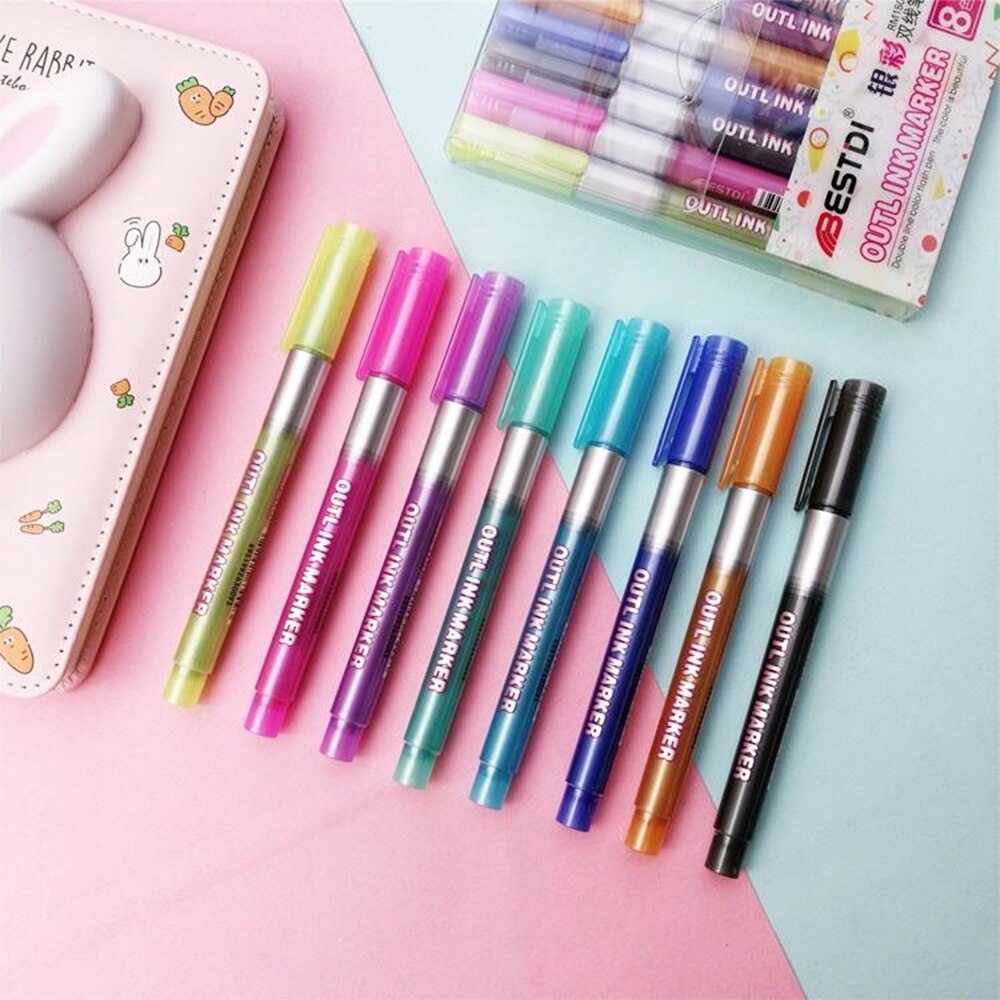 8 Colors Metallic Marker Pen Double Lines Art Mark... – Grandado