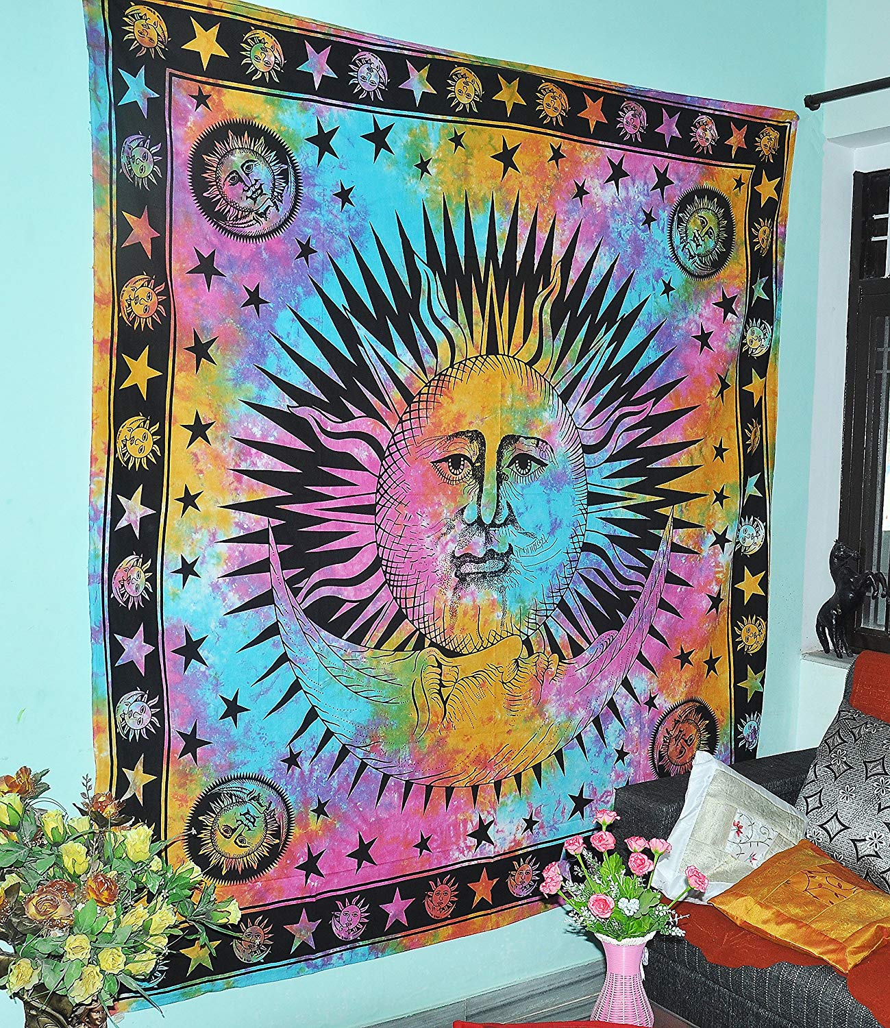 Psychedelic Celestial Indian Burning Sun Moon Hipp... – Grandado
