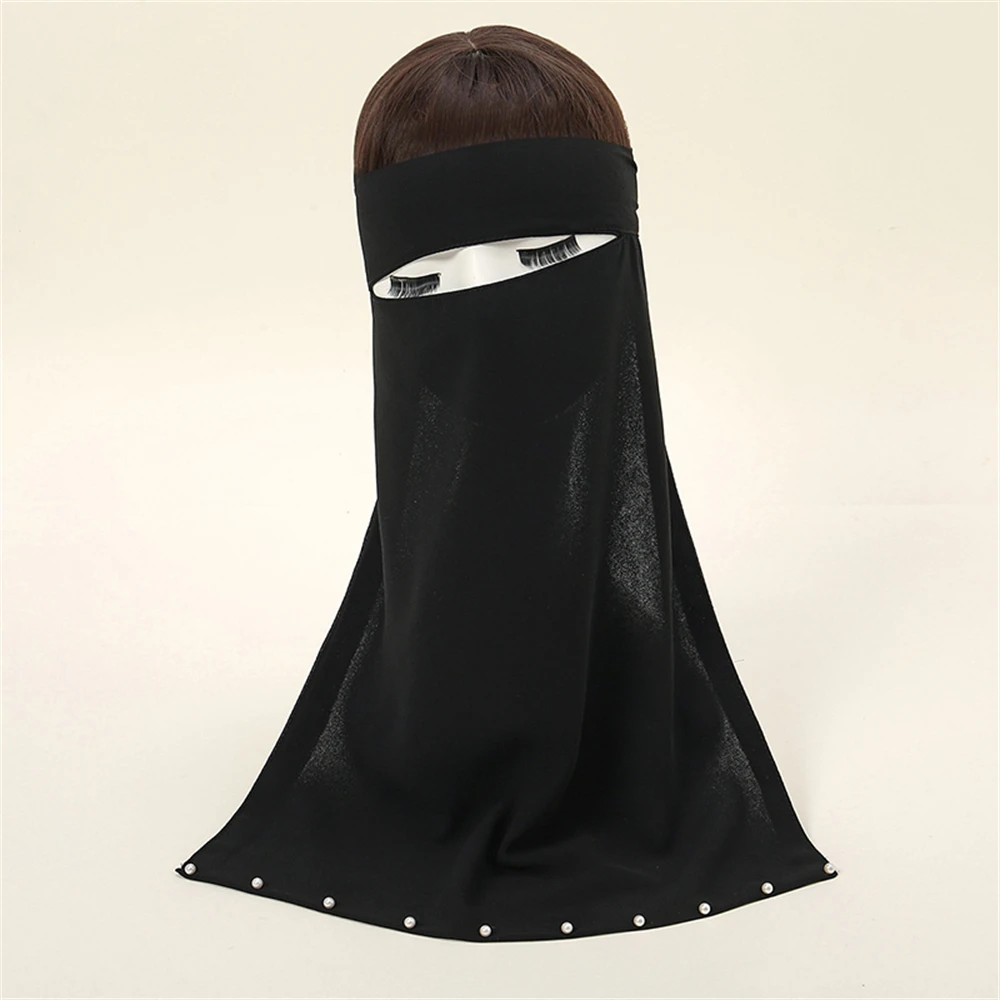 Black Beading Chiffon Scarf Niqab Pearl Face Black... – Grandado