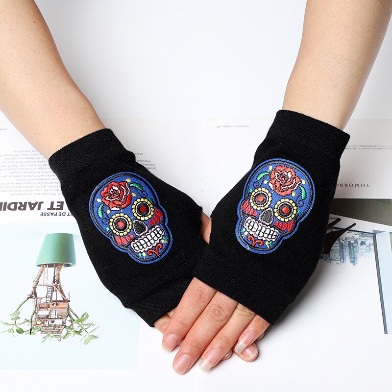 embroidered skull knitting gloves Fingerless Glove... – Grandado