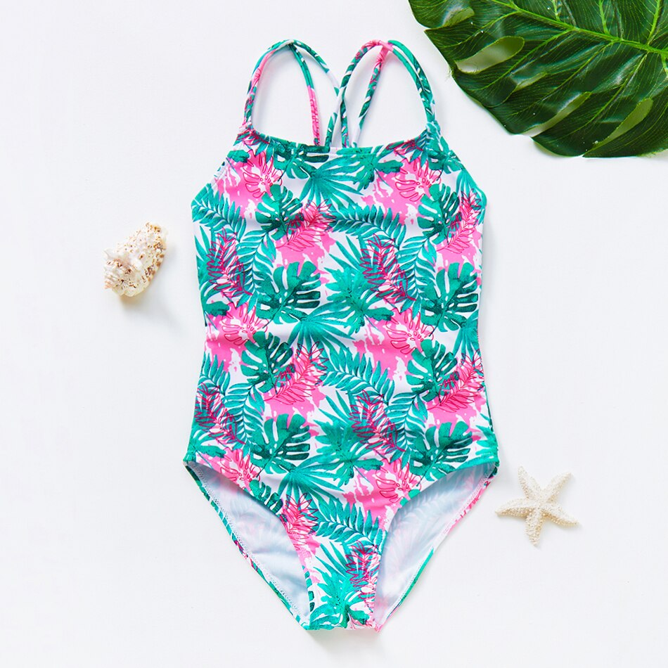 7-14Years Girls ONE-PIECE Leaves Printed Swimwear ... – Grandado