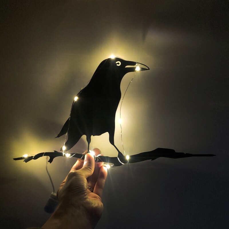 Glow crow on a branch decoration metal birds silho... – Grandado