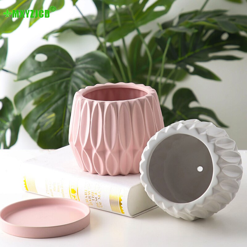 Round Ceramic Flower Pot Simple Tray Desktop Flowe... – Grandado