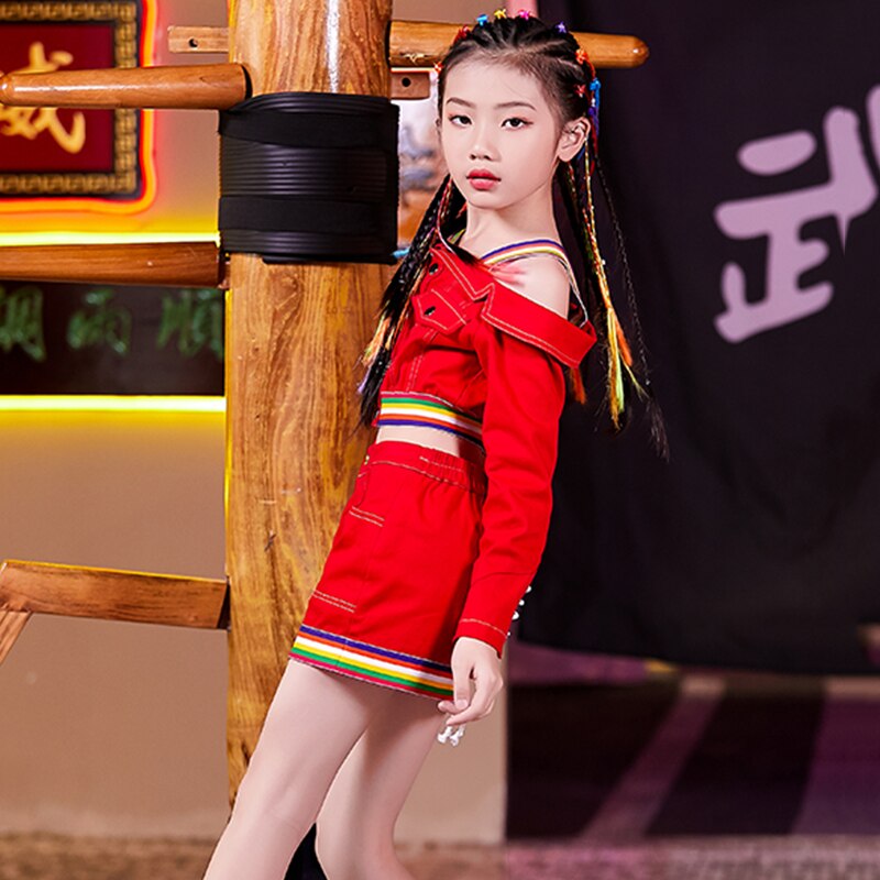 Girls Hip Hop Costumes Red Long Sleeve Top Skirt J... – Vicedeal