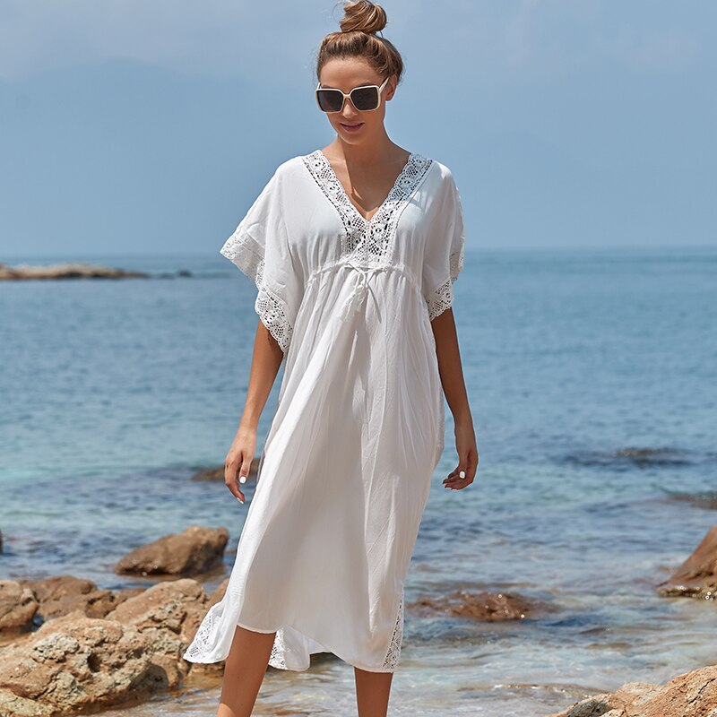 Cotton White Swim suit Cover up Beach Robe Kaftans... – Grandado