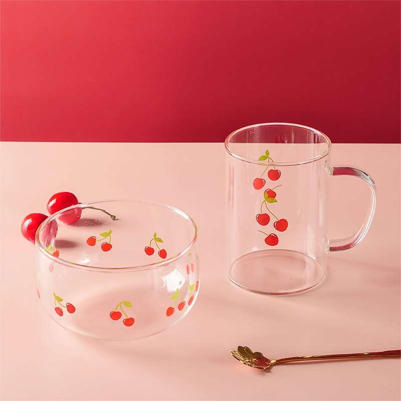Cherry Printed Glass Water Drinking Cup Salad Bowl... – Grandado
