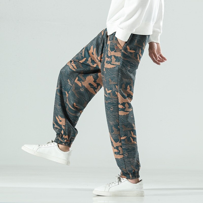 Crane Print Chinese Pants Man Suede Jogger Japanes... – Grandado