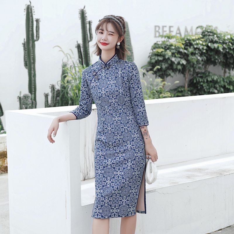 Vintage Blue White Handmade Buttons Dress Chinese ... – Grandado