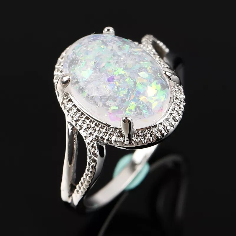 Large Oval Fire Opal Ring Jewelry White Moonstone ... – Vicedeal