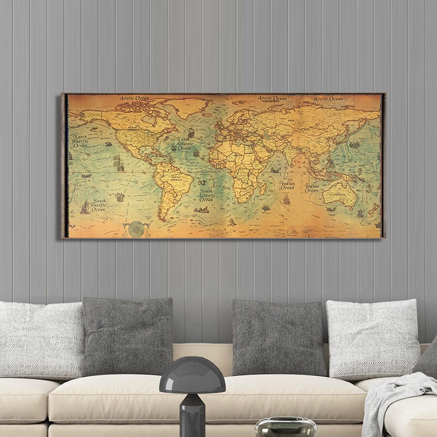 Retro World Map Nautical Ocean Route Map HD Printi... – Grandado