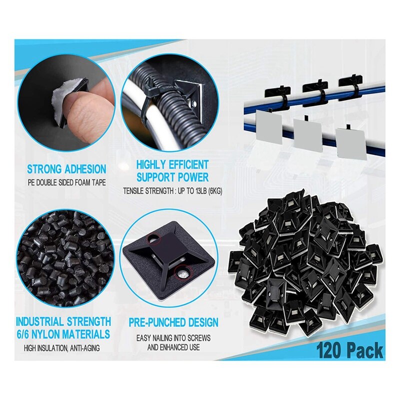 -120 Pcs Adhesive Base For Cable Ties, Self-Adhesi... – Grandado