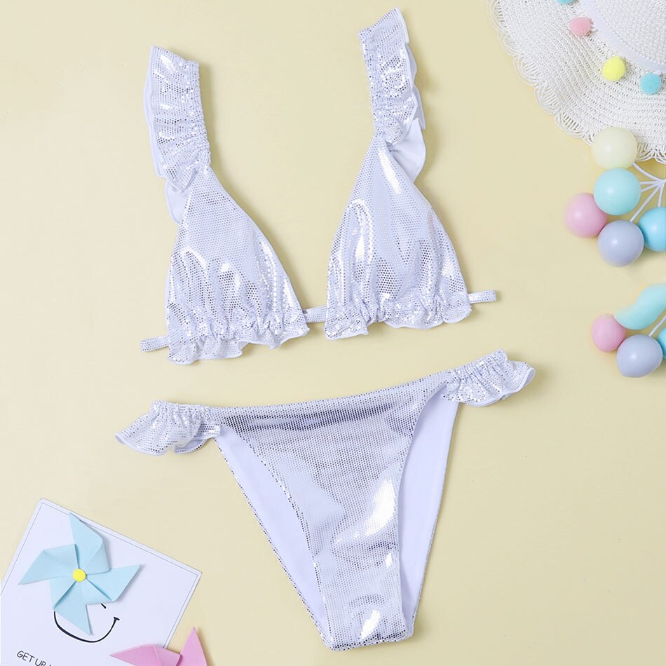 Girls Metallic Ruffle Trim Triangle Bikini Set Sex Vicedeal