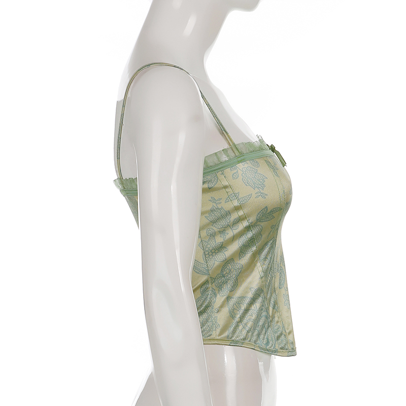 Y2k Floral Green Tank Tops Women Frill Bow Patched... – Grandado