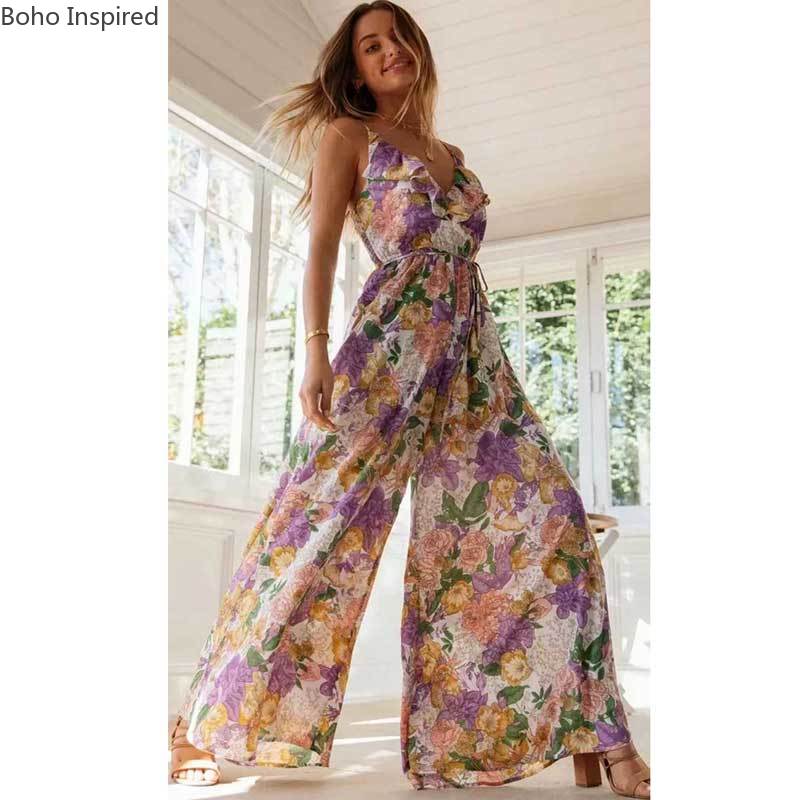 BOHO INSPIRED floral JUMPSUITs summer frill hem el... – Grandado