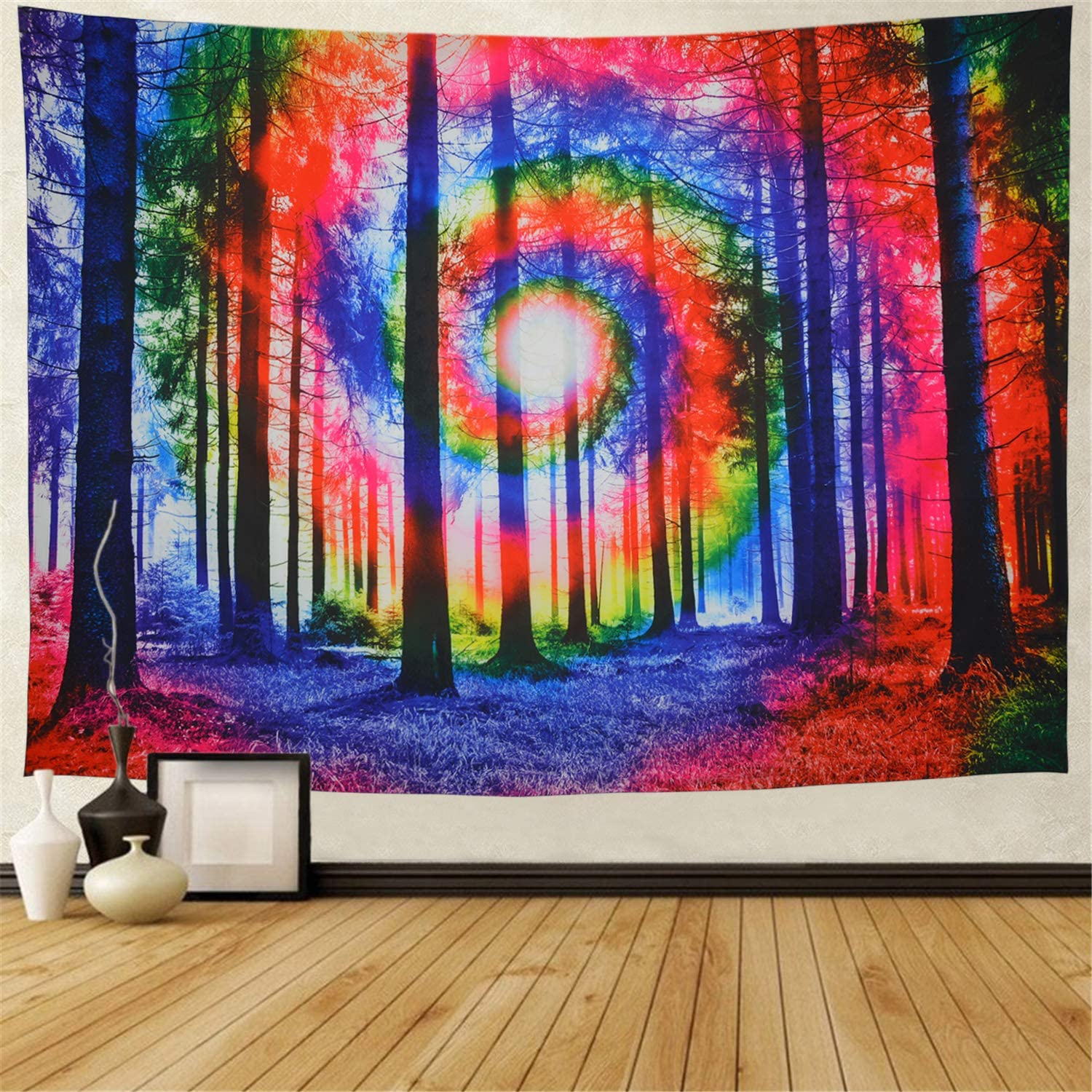 Trippy Sun Misty Forest Trees Tapestry Colorful Ps... – Grandado