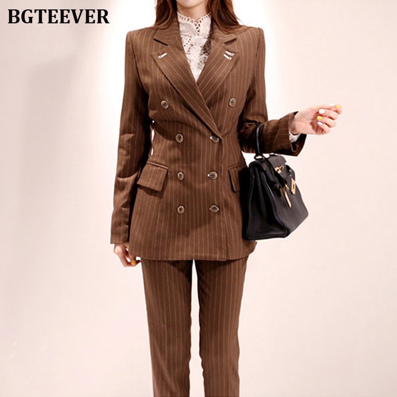Mode Double-Breasted Gestreepte Vrouwen Broek Pak ... – Grandado