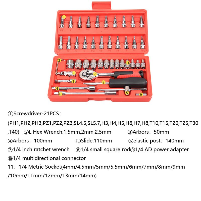 46Pcs 1/4" Drive Ratchet Wrench Socket Set CR... – Grandado