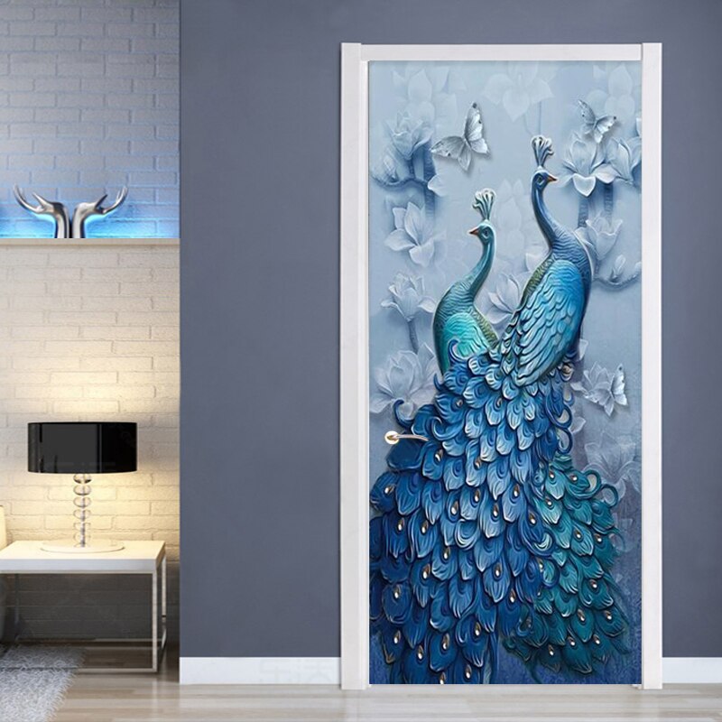 Europese Stijl Deur Sticker 3D Relief Blauwe Pauw ... – Grandado