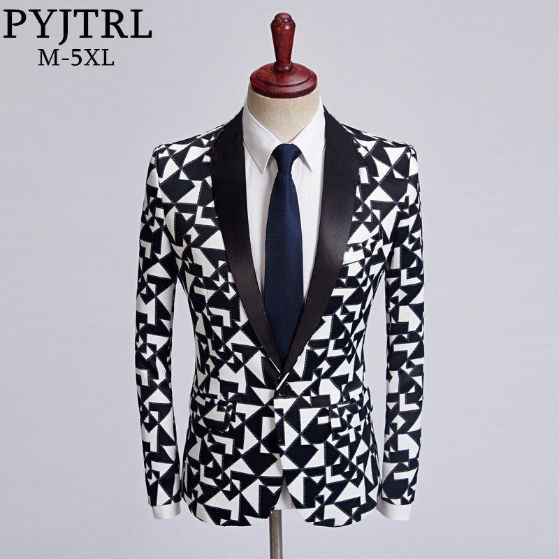 PYJTRL Men Black White Triangle Pattern Blazer Sli... – Grandado