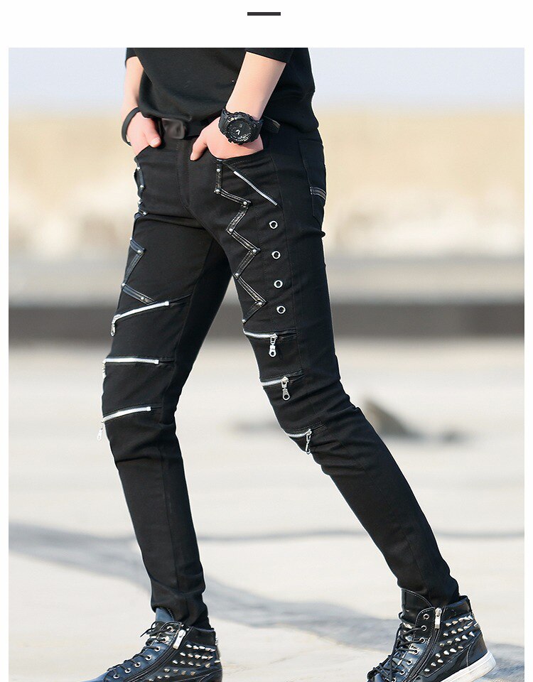 Slim Fit Pants Punk Style Black Patchwork Leather ... – Grandado