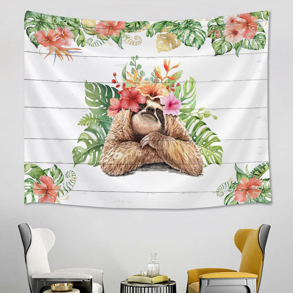 Sloth Tropical Flowers Rustic Plank Wall Hanging F... – Grandado