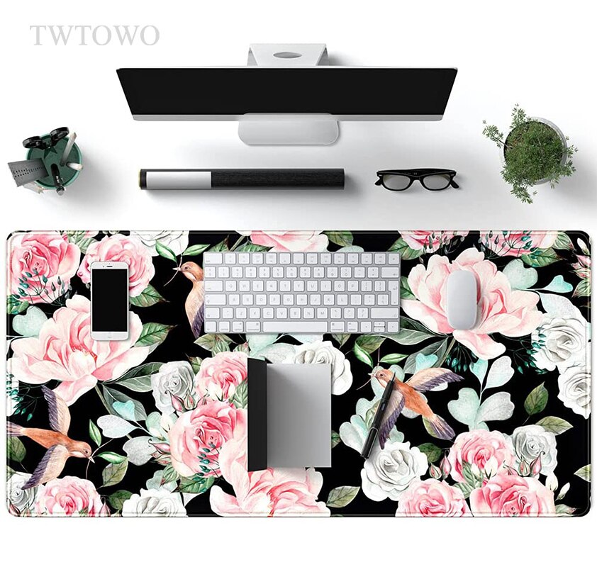 Green Leaves Pink Rose Flower Mouse Pad Gamer XL L... – Vicedeal