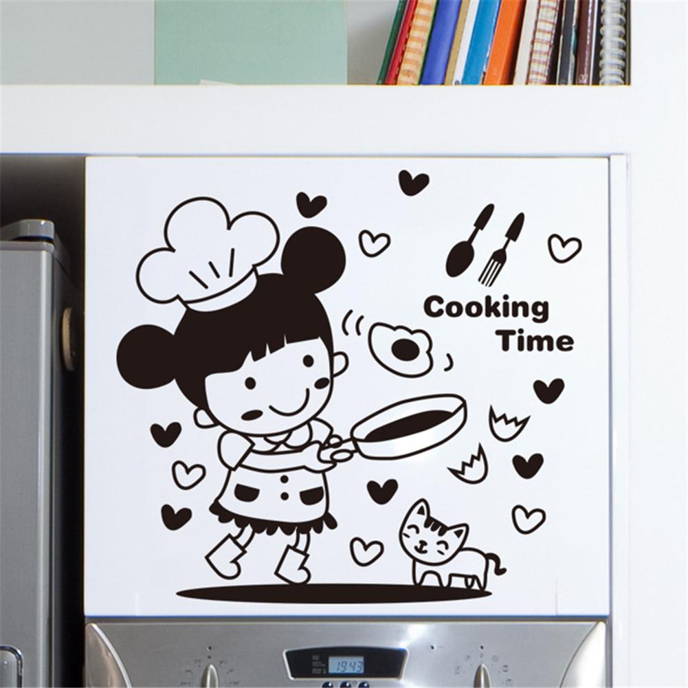 Cartoon Cat Girl Chef Cooking Time Wall Sticker Re... – Grandado