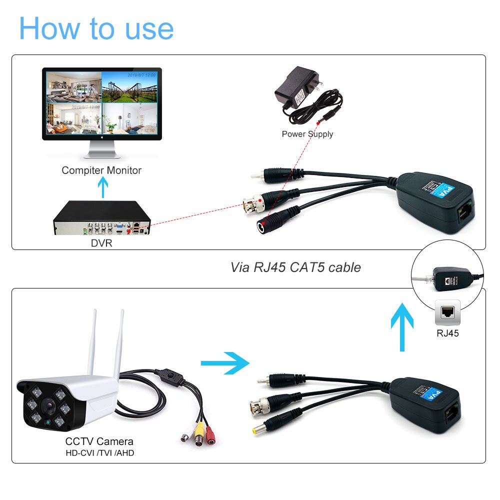 10 Pairs 5MP Video Power Balun BNC Audio to RJ45 C... – Grandado