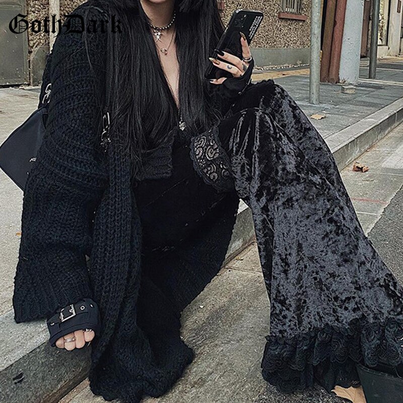 Goth Dark Velvet Gothic Lace Patchwork Flare Pants... – Grandado
