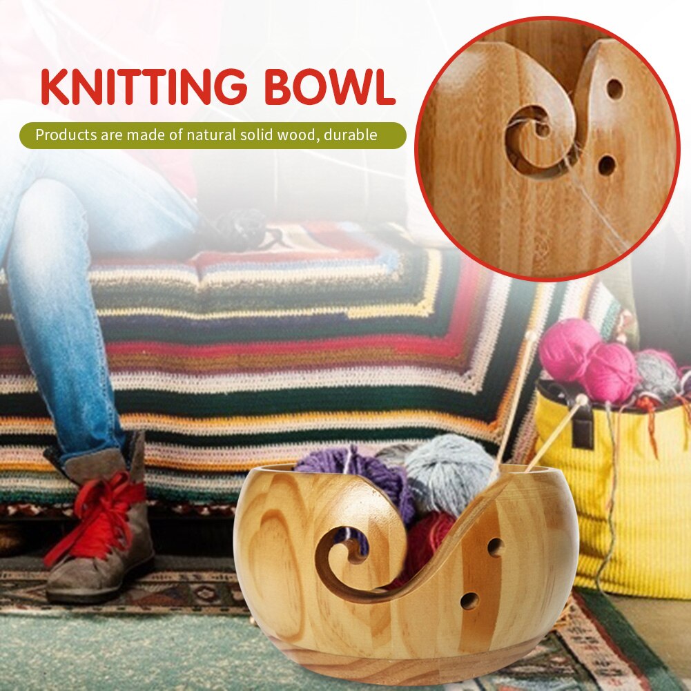 Natural Wooden Yarn Storage Bowl Organizer Knitted... – Grandado