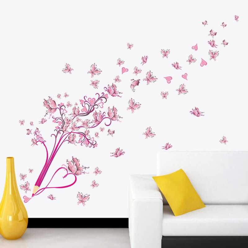 pencil flying butterflies flower floral pvc wall s... – Grandado