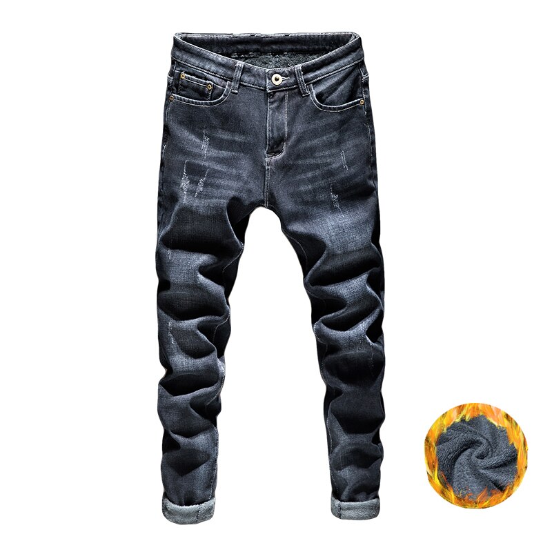 Winter Men's Warm Slim Fit Jeans Dark Blue Thicken... – Vicedeal