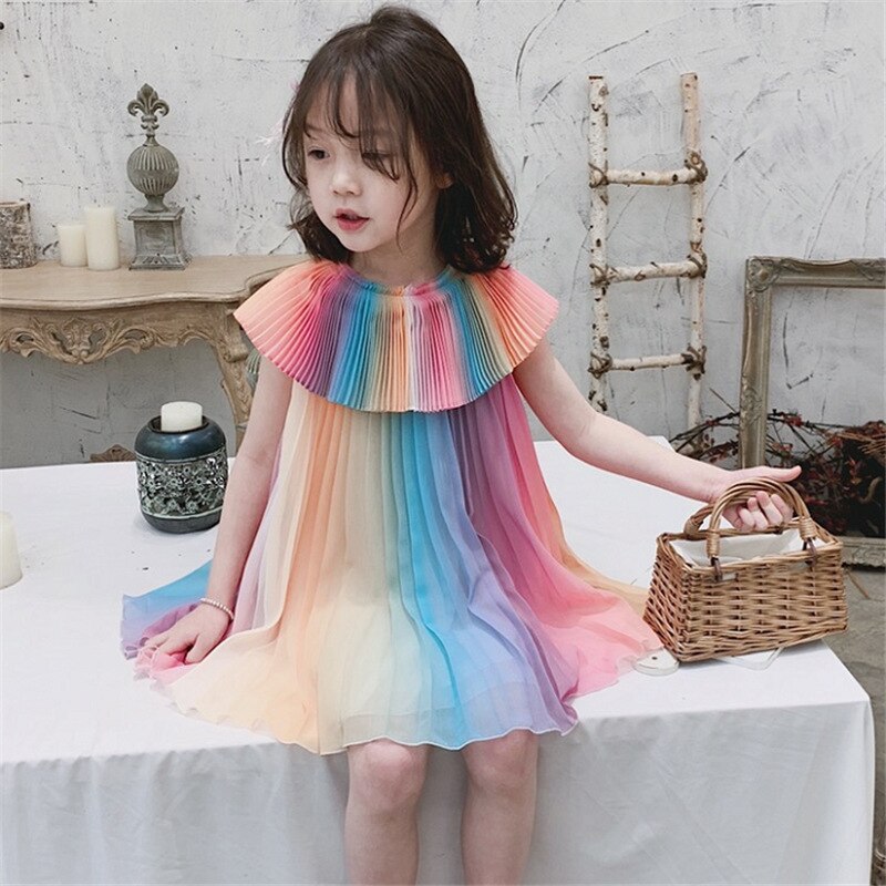 Summer Girls Pleated Dress Kids Rainbow Dresses Gi... – Grandado